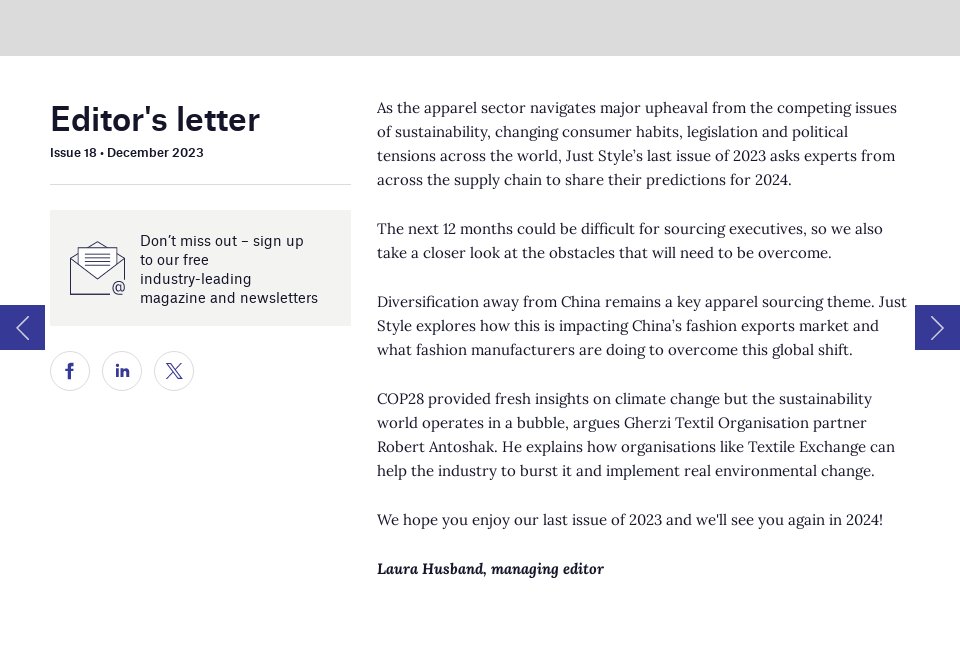 Editor's letter - Just Style magazine | Issue 18 | December 2023